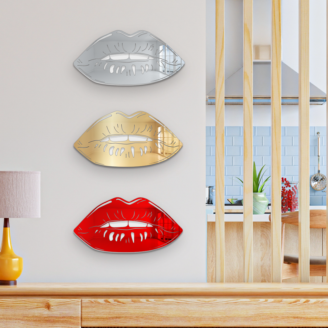 Lips Mirror Wall Art 3 Piece Set | Red, Silver, Gold | 4 ArtWorks